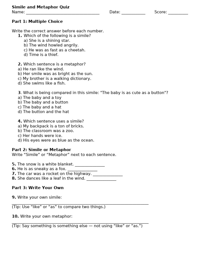 Simile and Metaphor Quiz Grade5 | PDF | Chess | Chess Theory