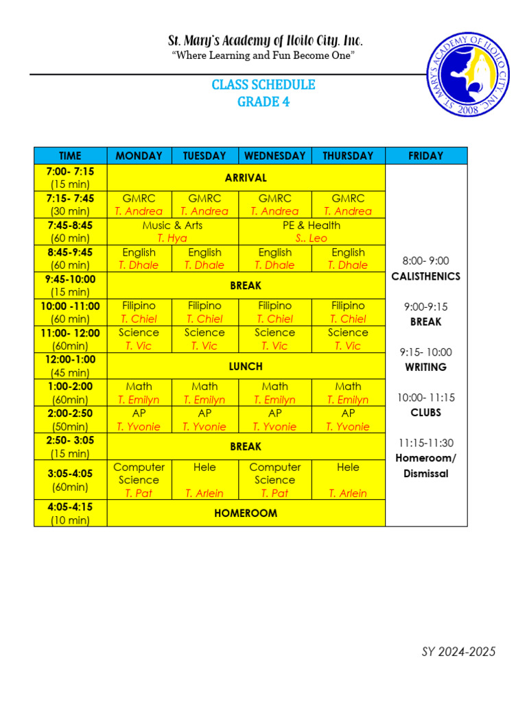 Intermediate and High School Class Program SY 2425 | PDF | Schools ...