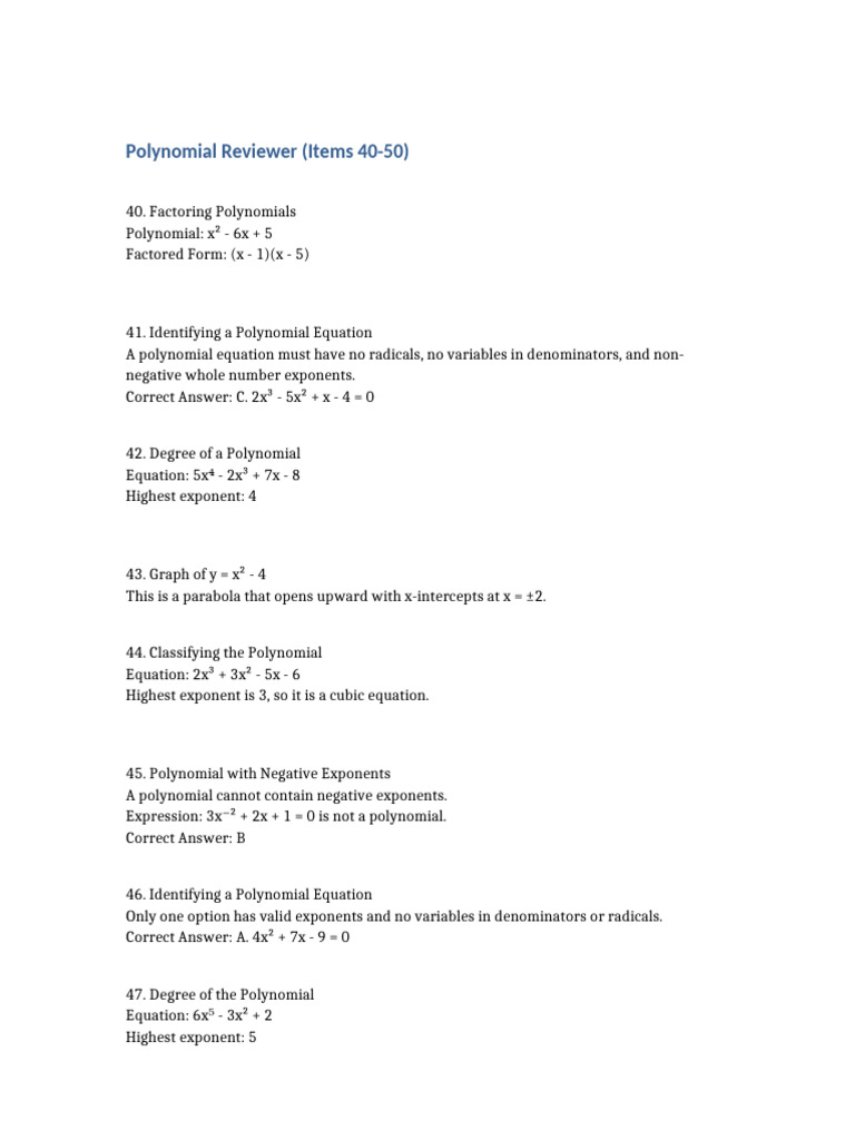 Polynomial Reviewer 40 To 50 | PDF