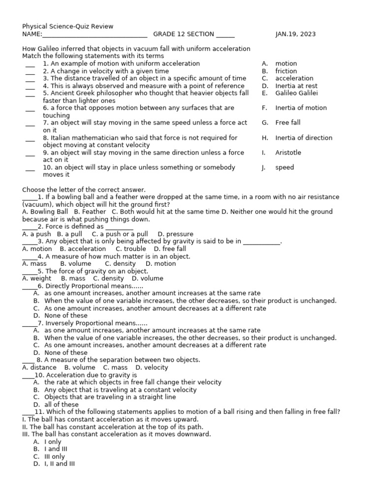 Physical Science quiz review | PDF | Force | Acceleration