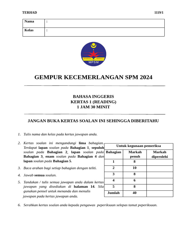 Perlis Trial 2024 P1 - Reading | PDF | Debit Card | Plastic