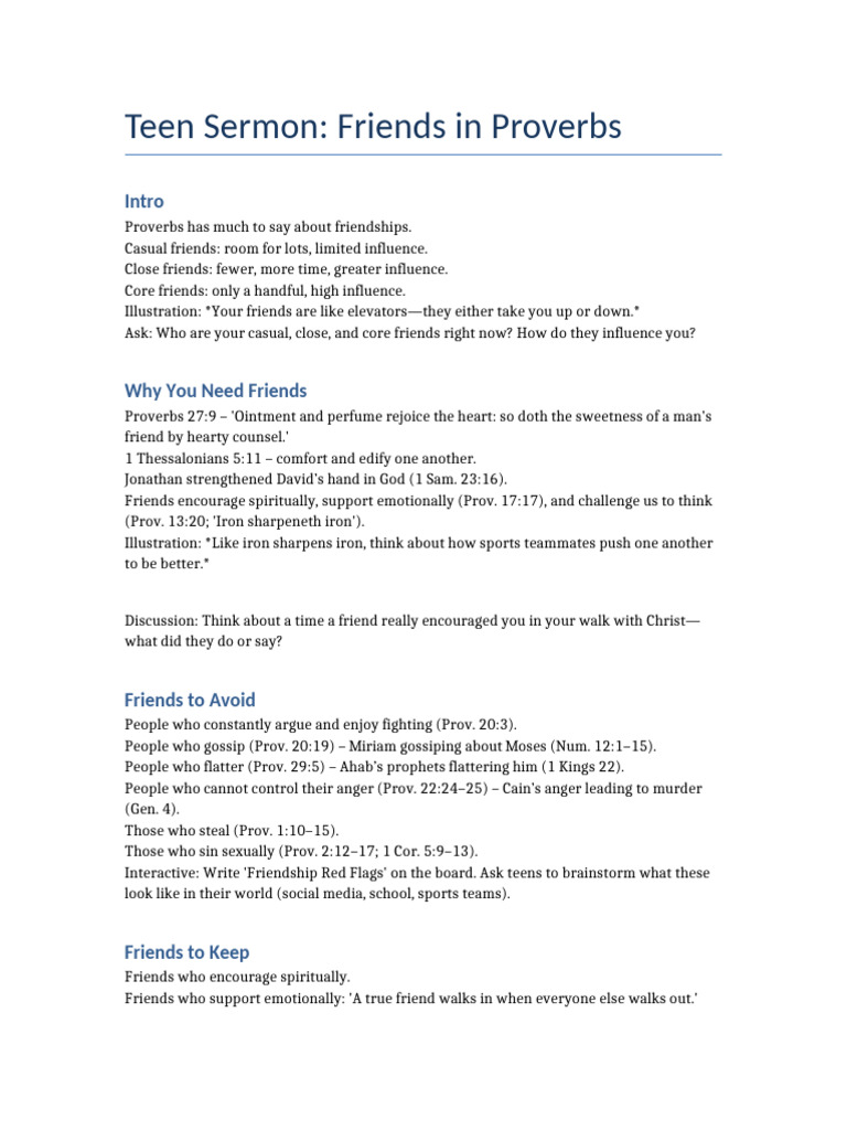 Teen Sermon Friends in Proverbs | PDF | Religious Belief And Doctrine