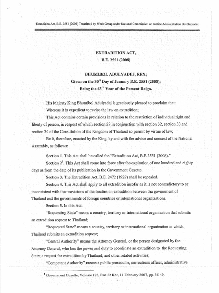 Extradition Act of Thailand | PDF