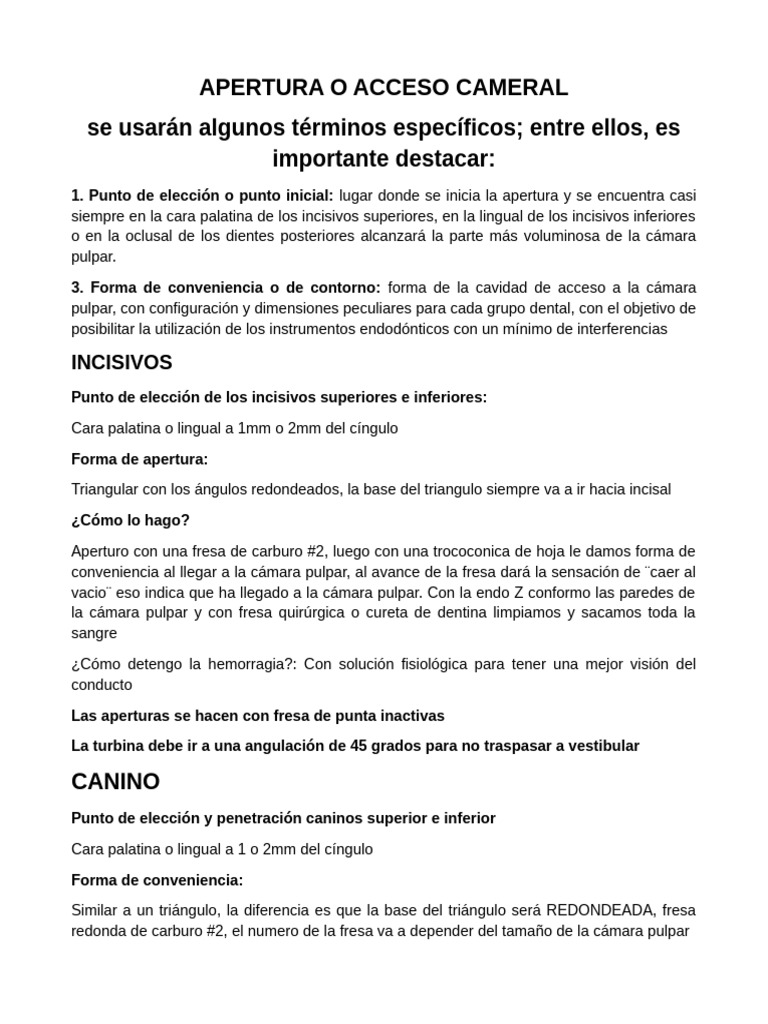 Apertura o Acceso Cameral Endodoncia | PDF | Ramas de Odontología | Boca