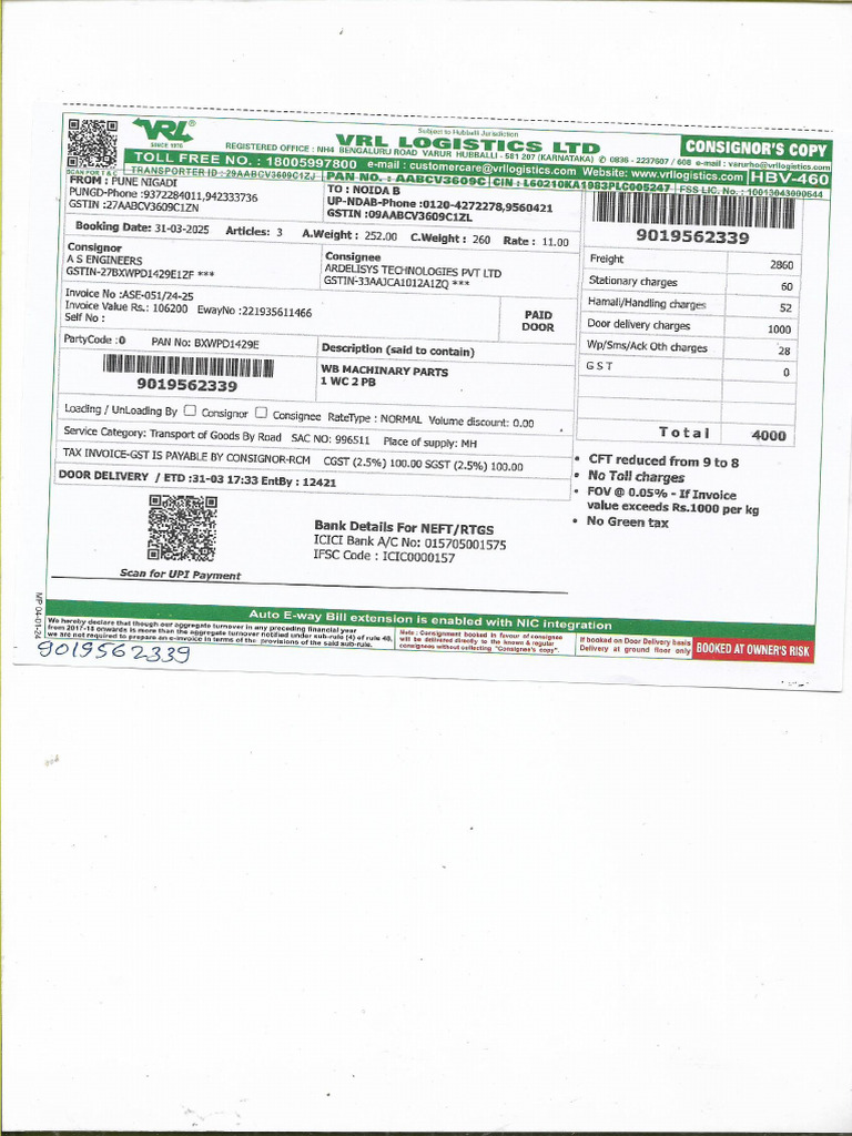 LR Copy VRL Transport Nigdi To Noida Ase To Ard 31 March 2025 | PDF