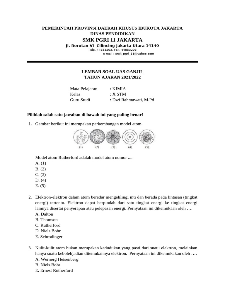 Uas Kimia Kelas X Ganjil 2021-2022 | PDF