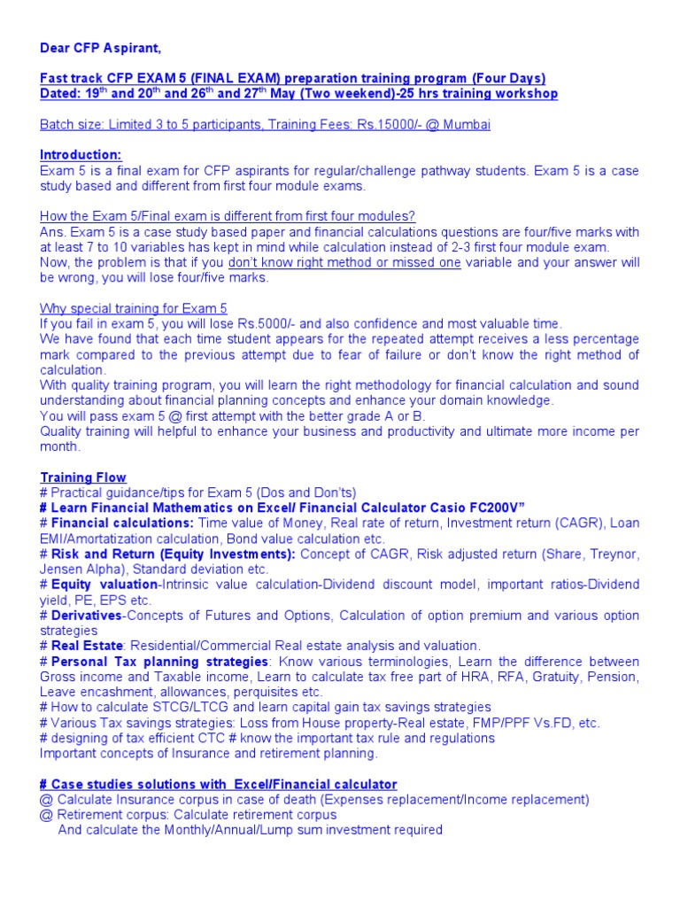 Fast Track CFP Exam 5 (Final Exam) Preparation Training Workshop1 | PDF ...