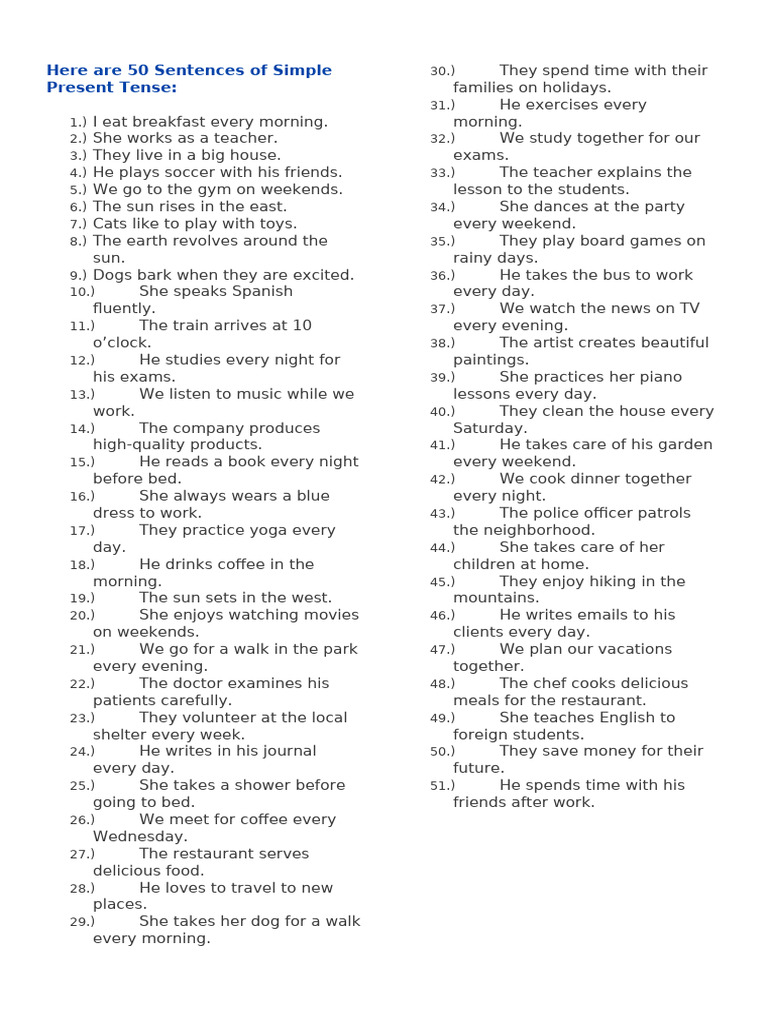 50 Simple Present Tense Examples | PDF