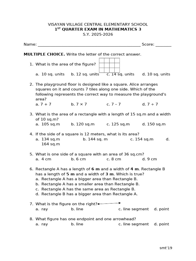 1st Quarter Math 3 Exam, Tos, Answer Key 2025-2026 | PDF | Area | Length