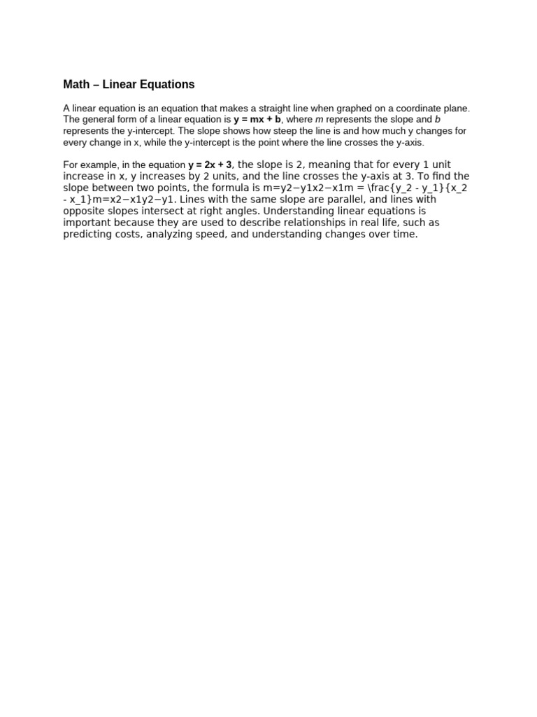 Math - Linear Equations Class Notes | PDF