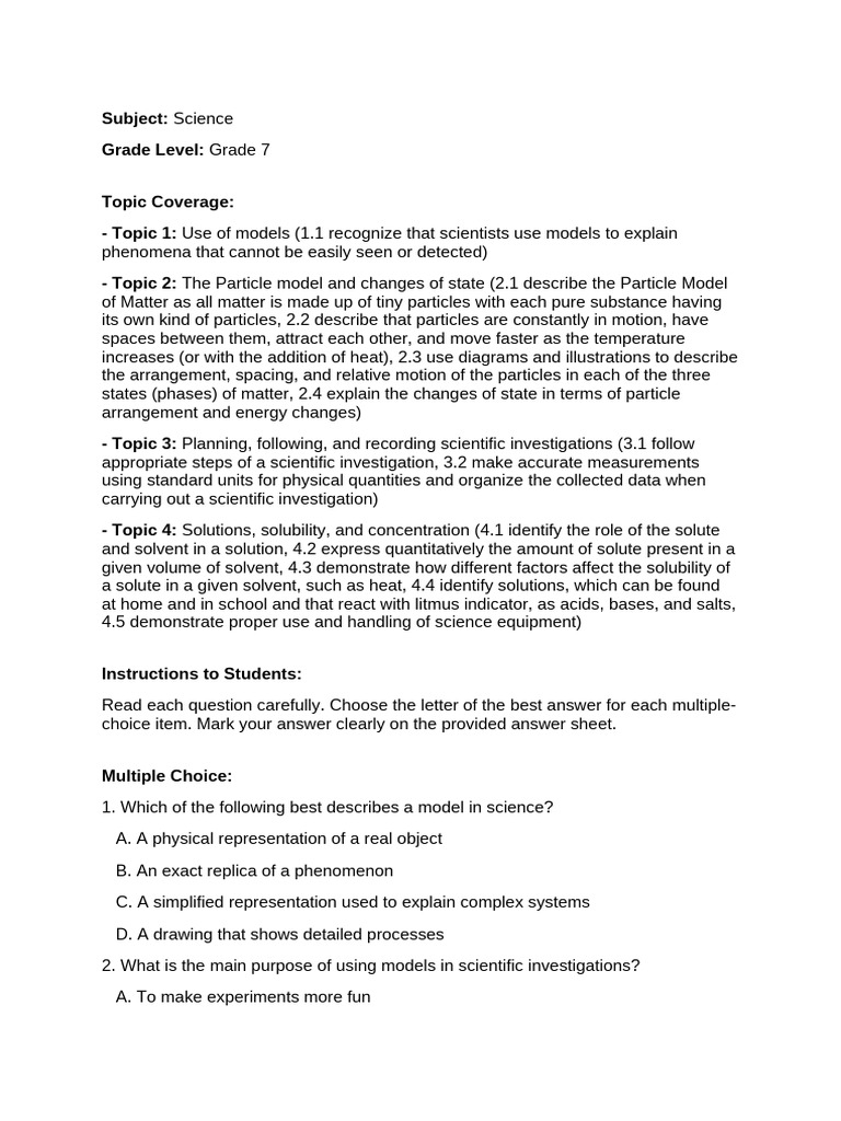 1st Q Summative - Test - Science 7 | PDF | Solubility | Gases