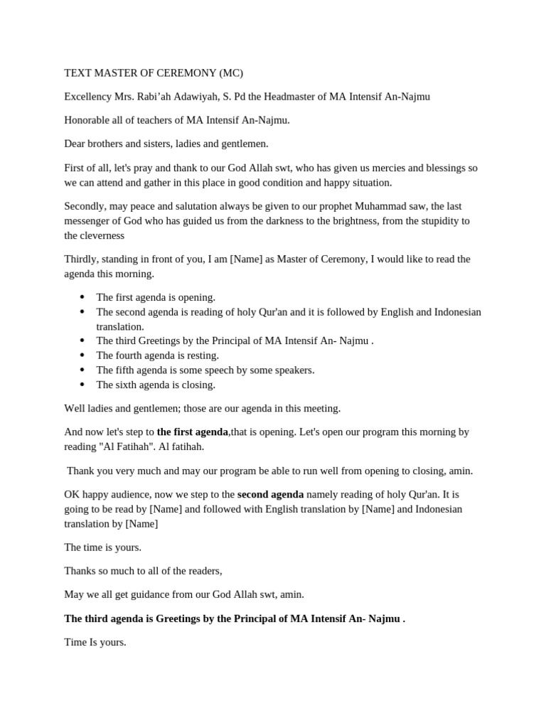 Master of Ceremony Agenda Overview | PDF | Quran | Islam