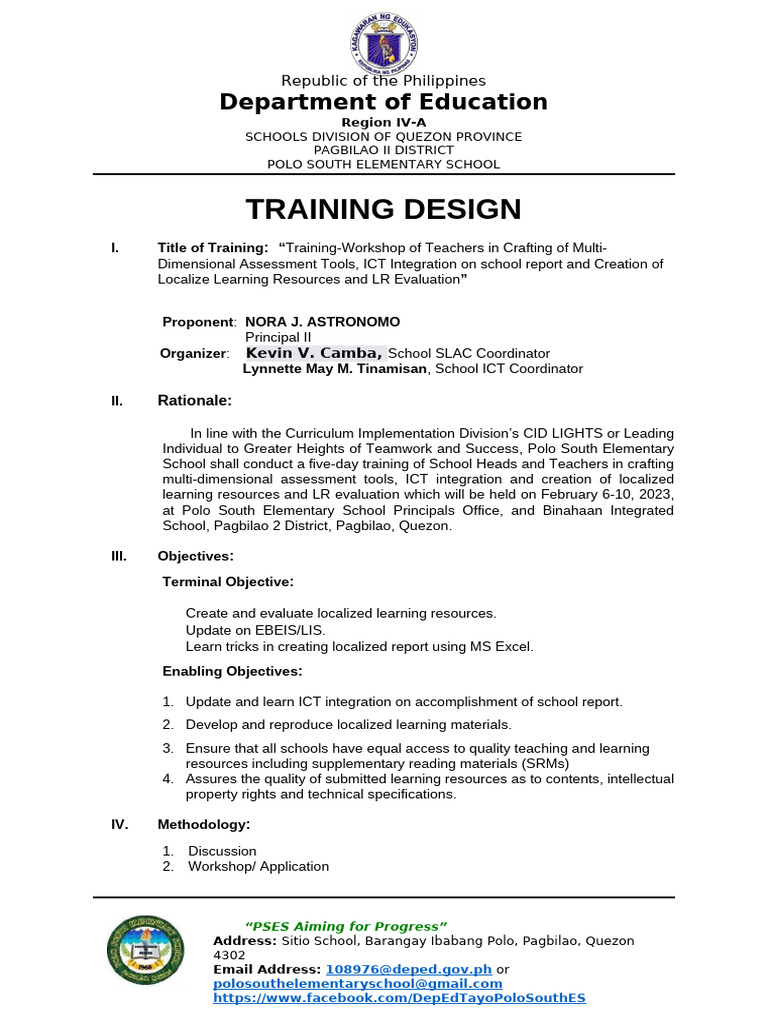 TRAINING DESIGN For INSET 2023 | PDF | Learning