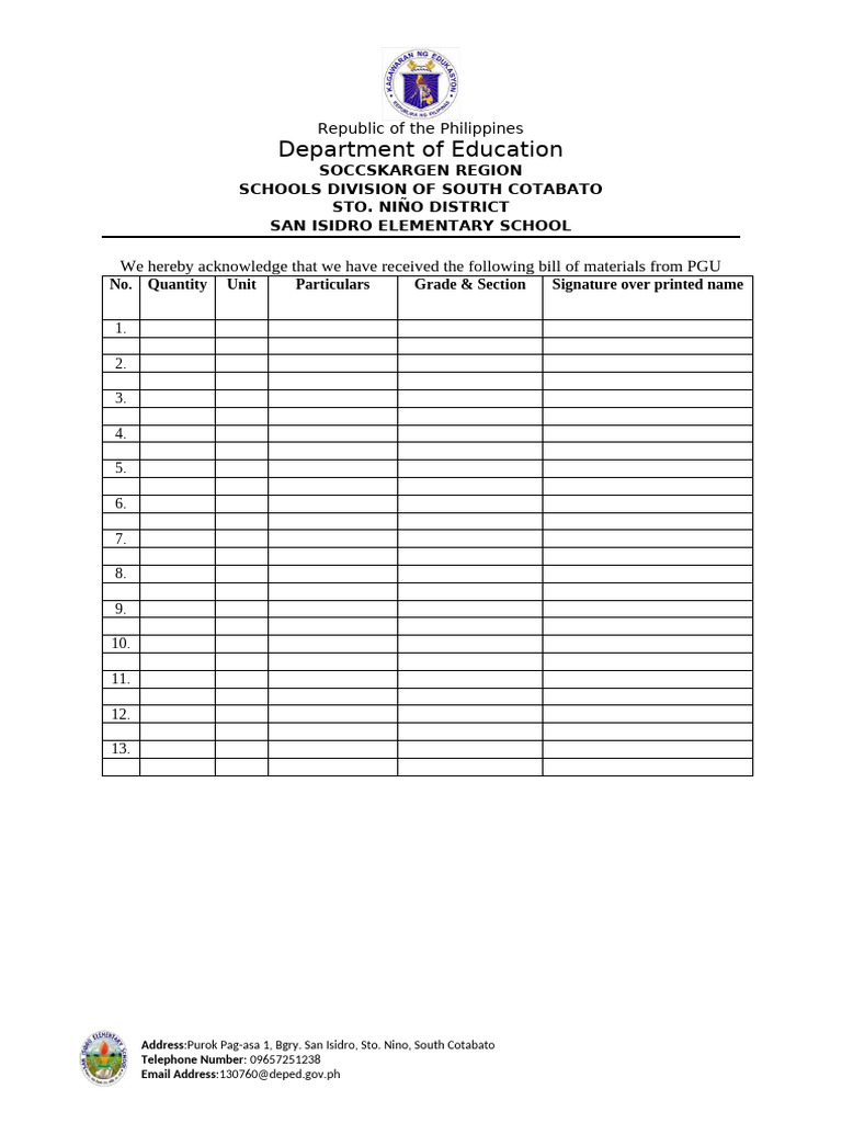 San Isidro Elementary School Materials Acknowledgment | PDF