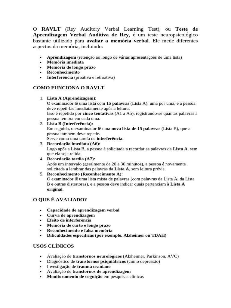 O RAVLT Aplicação e Correção | PDF | Memória | Aprendizado