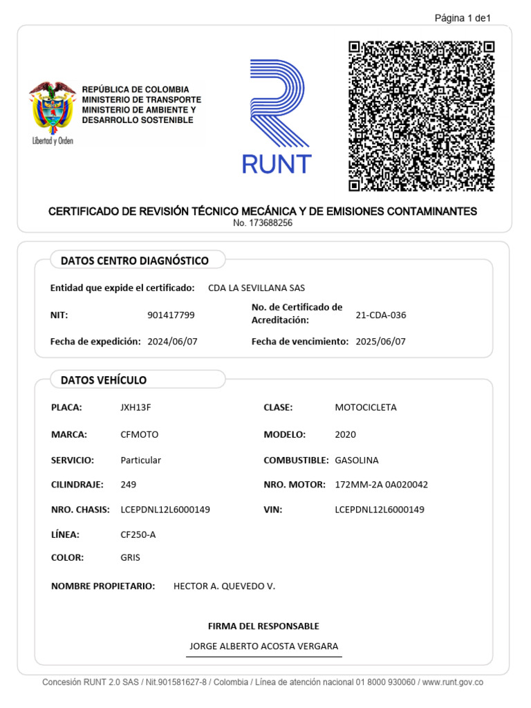 Datos Centro Diagnóstico: Certificado de Revisión Técnico Mecánica Y de ...