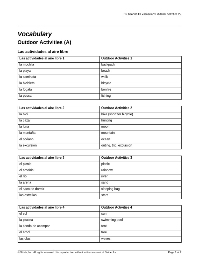 Spanish Vocabulary: Outdoor Activities | PDF | Outdoor Recreation