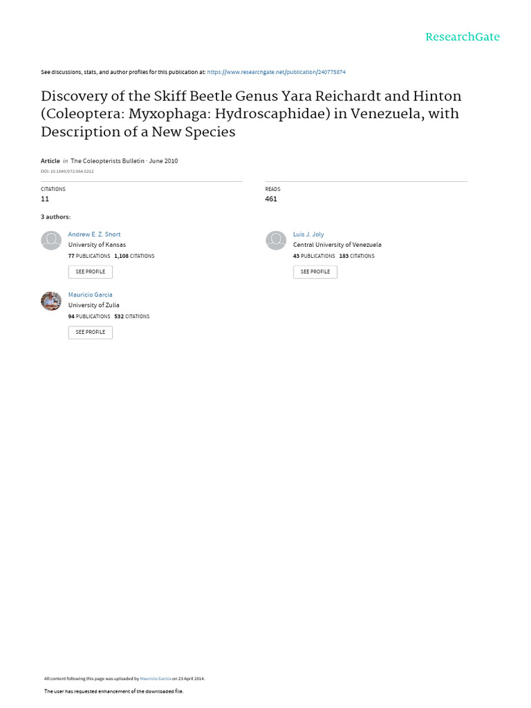 Discovery of The Skiff Beetle Genus Yara Reichardt and Hinton ...