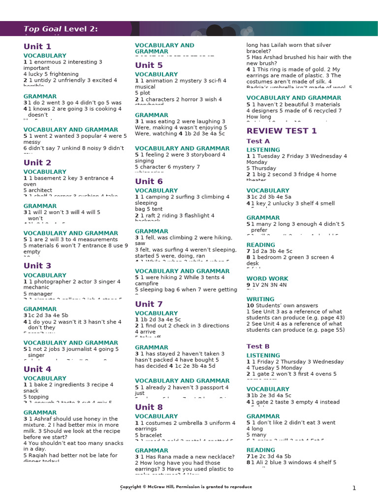 Top Goal Level 2 Answer Key Guide | PDF