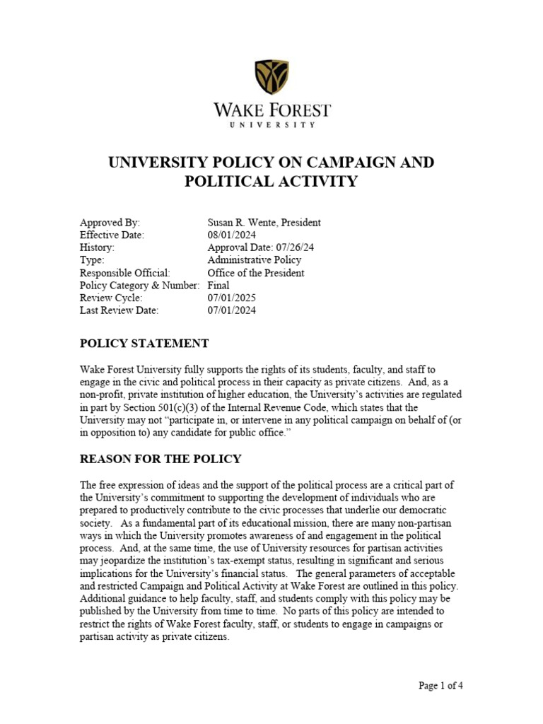Wake Forest Political Activity Policy | PDF | Voting | 501(C) Organization