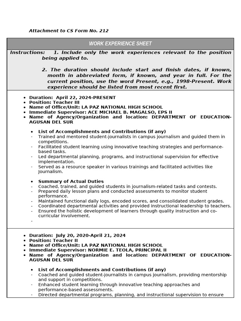 Work Experience Sheet Sample | PDF | Mentorship | Teachers