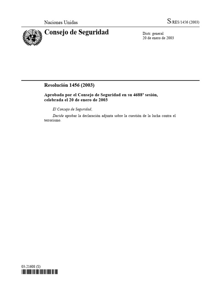 Resolución 1456 de la ONU sobre Terrorismo | PDF | Naciones Unidas ...