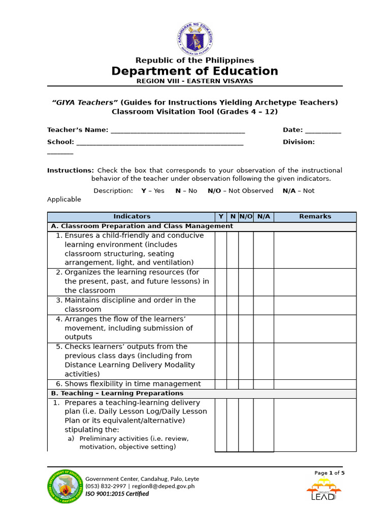 GIYA Teachers Classroom Visitation Tool G4 12 | PDF | Learning ...