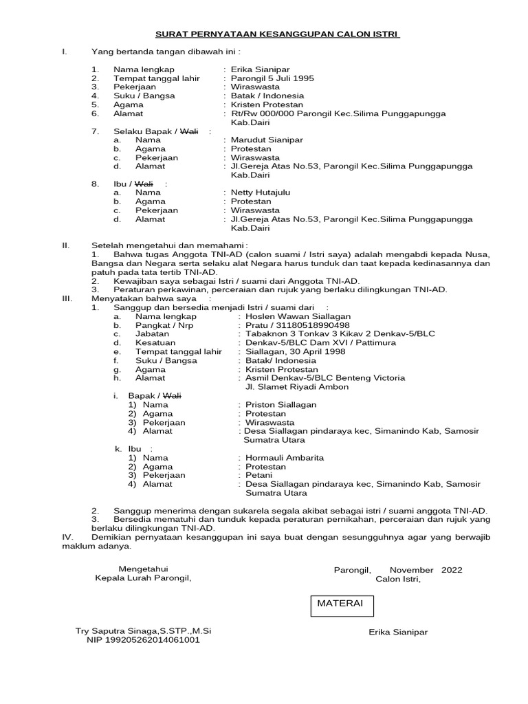 Surat Pernyataan Kesanggupan Istri TNI | PDF