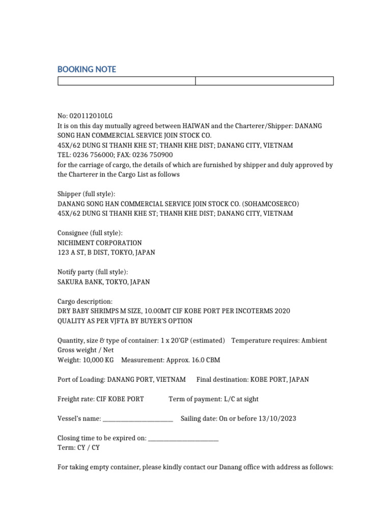 Cargo Booking Note: Dry Baby Shrimps | PDF