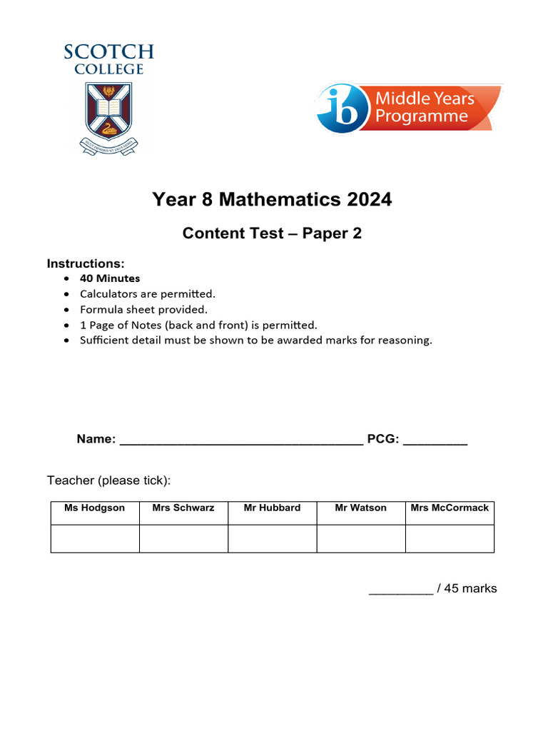 Year 8 Math Test Paper 2 2024 | PDF | Area | Mathematics