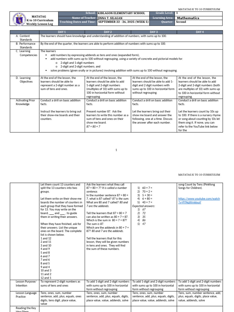 DLL Matatag Mathematics 1 q2 w5 | PDF | Learning | Curriculum