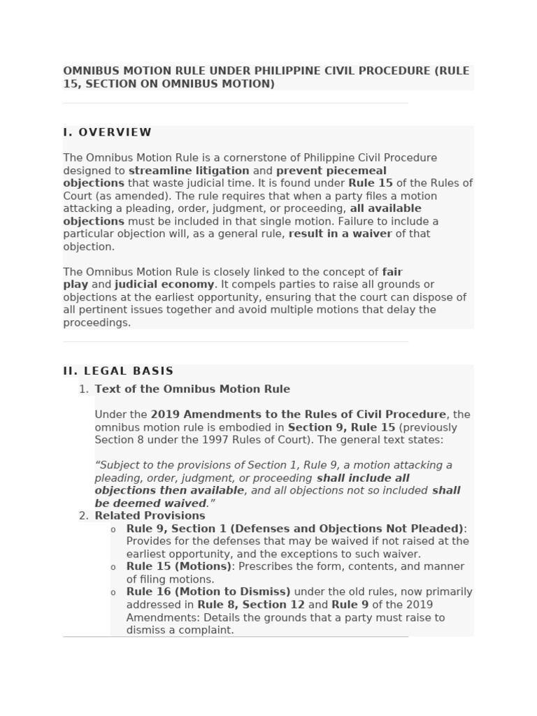 OMNIBUS MOTION RULE UNDER PHILIPPINE CIVIL PROCEDURE | PDF | Lawsuit ...