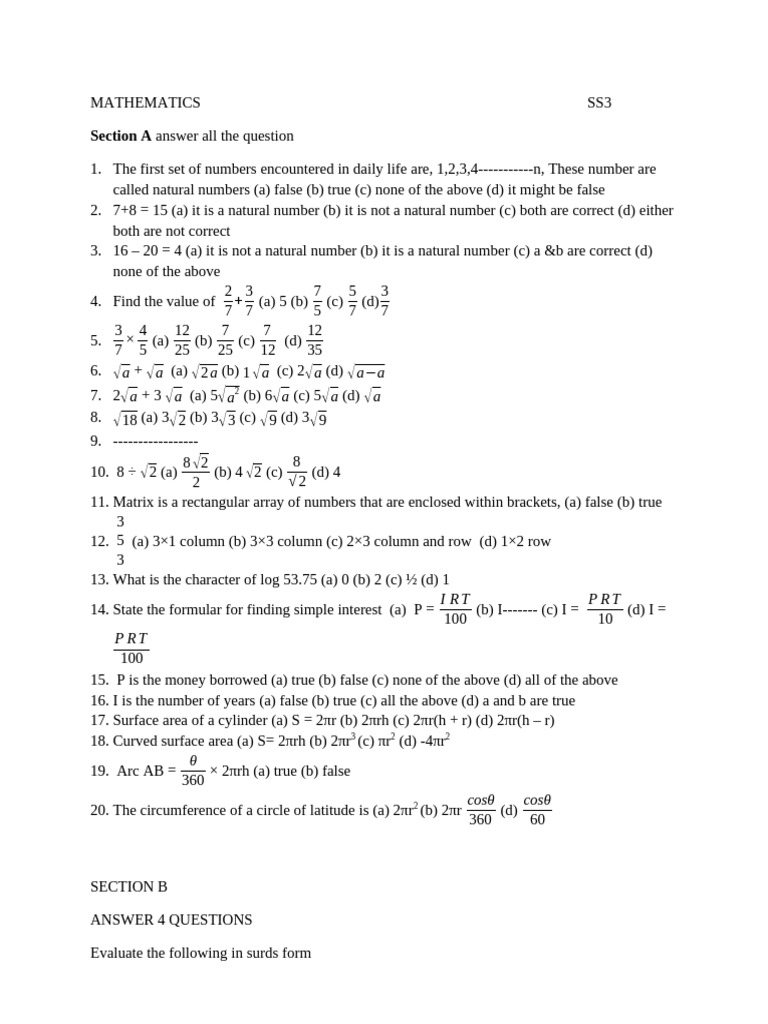 Mathematics Exam Questions and Answers | PDF | Decimal | Numbers