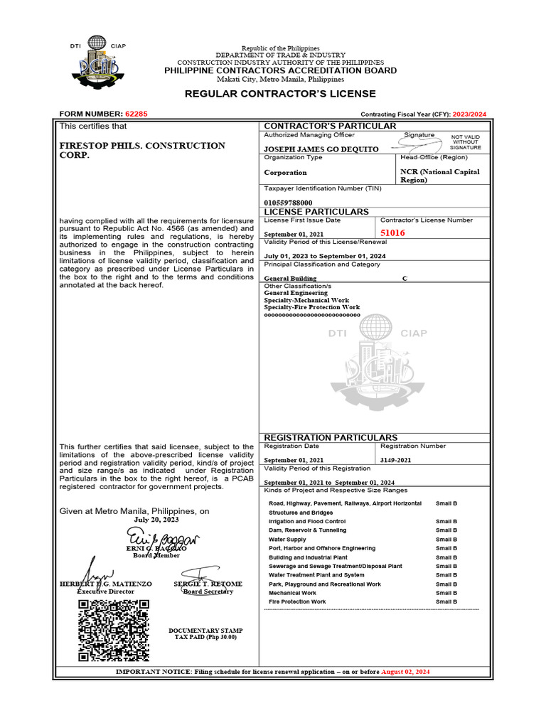 FPCC Renewed Pcab License Cfy 2023-2024 | PDF | License | Justice