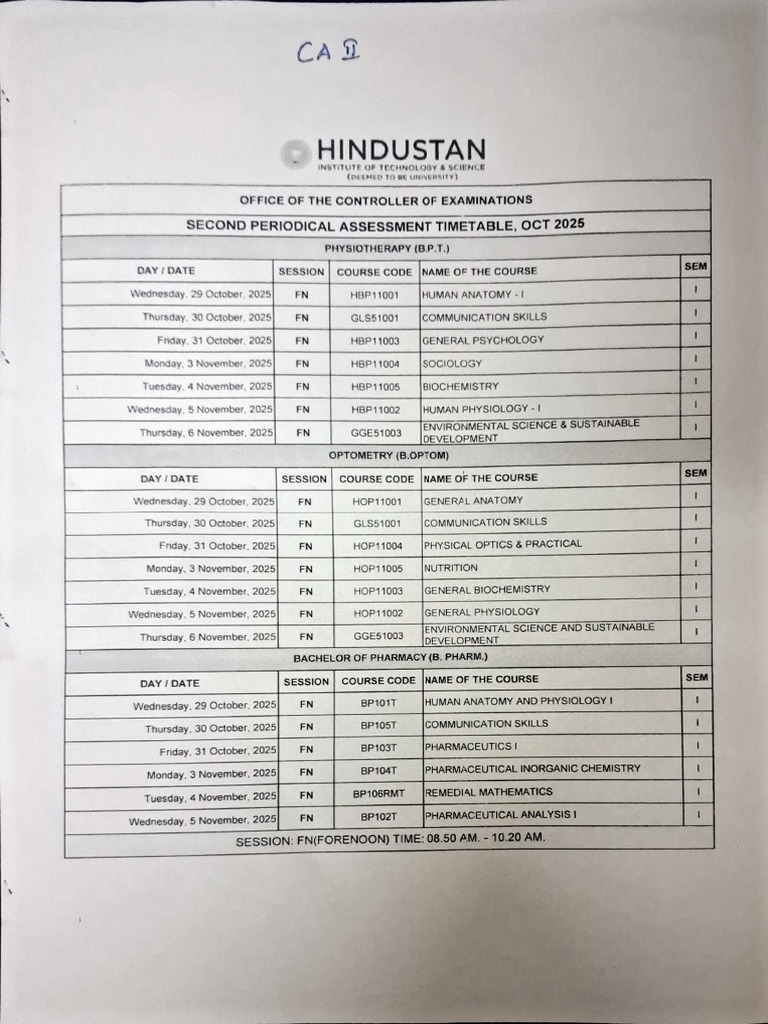 CA 2 Timetable For BPT and Boptom 1st Year Students | PDF | Health Care
