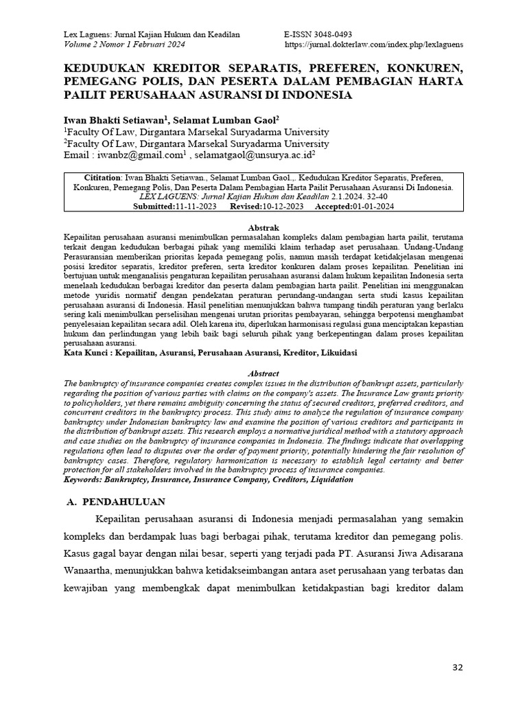 Kedudukan Kreditor dalam Harta Pailit Asuransi | PDF