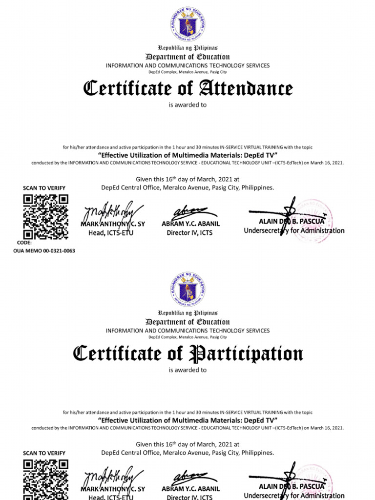 Effective Utilization of Multimedia Materials DepEd TV - Certificates | PDF