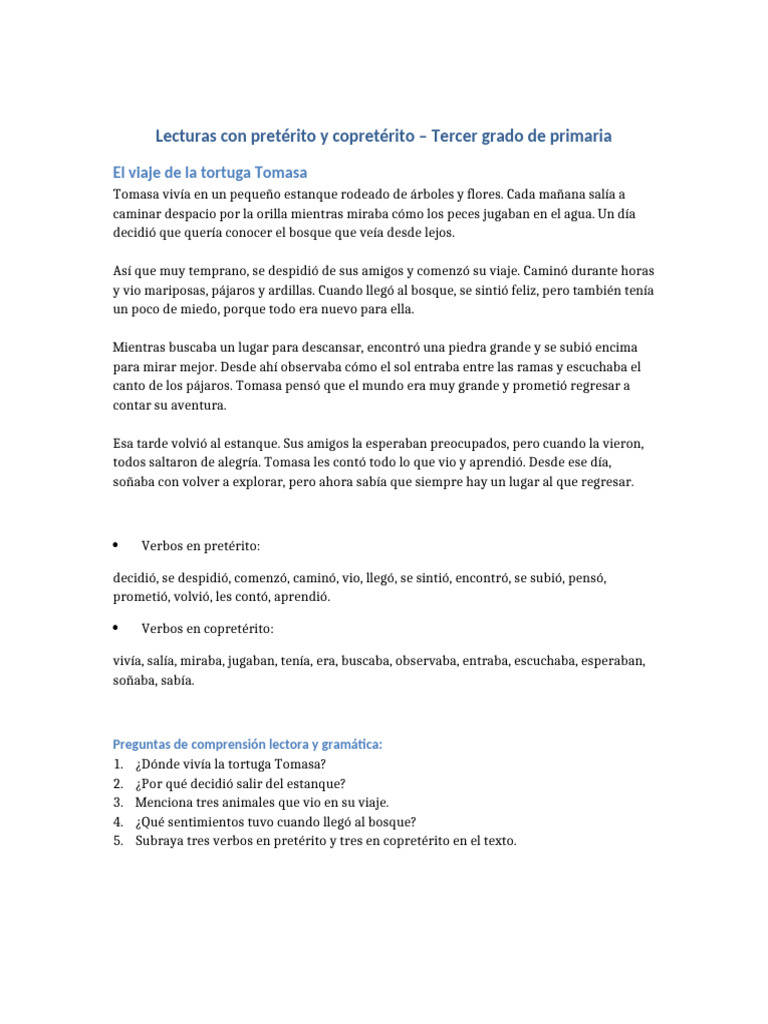 Lecturas Pretérito Copretérito 3er Grado | PDF