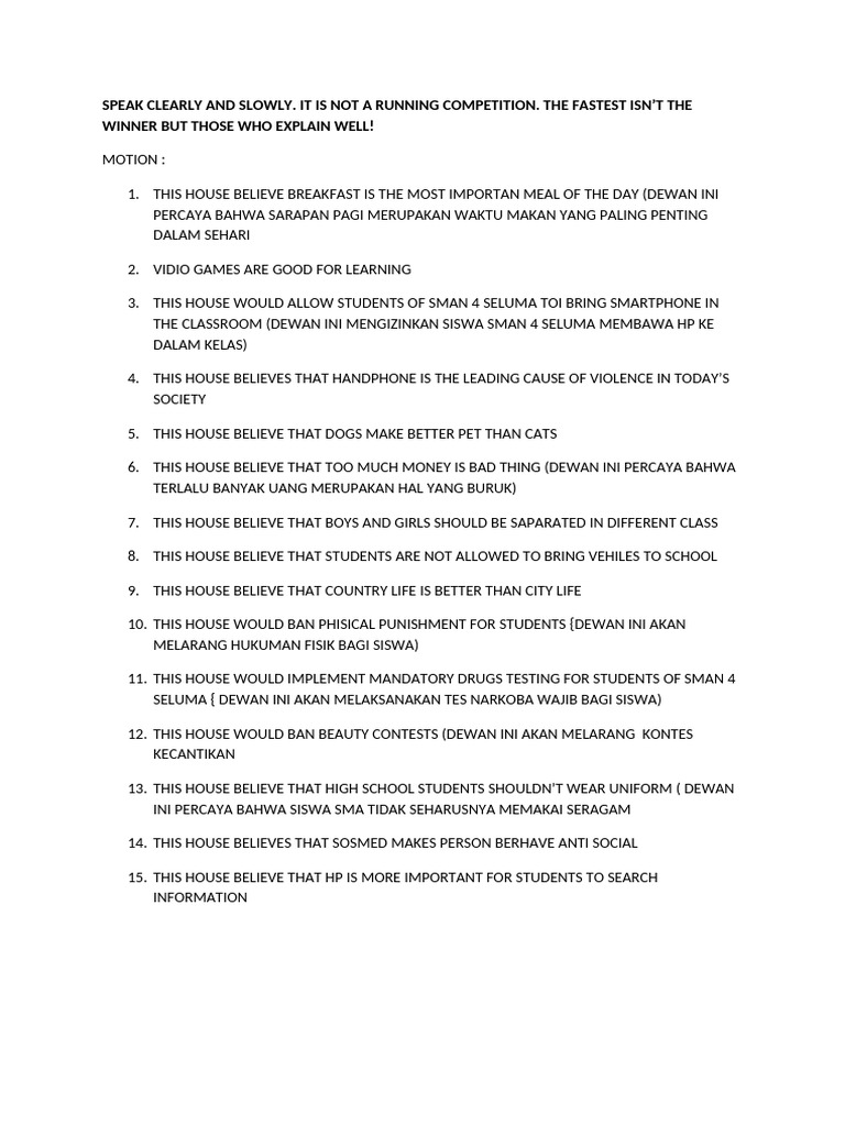 Motions of English Debate Competition Sman 4 Seluma | PDF