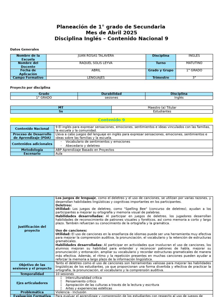 Planeación de Inglés 1° Grado Secundaria | PDF | Aprendizaje | Enseñando