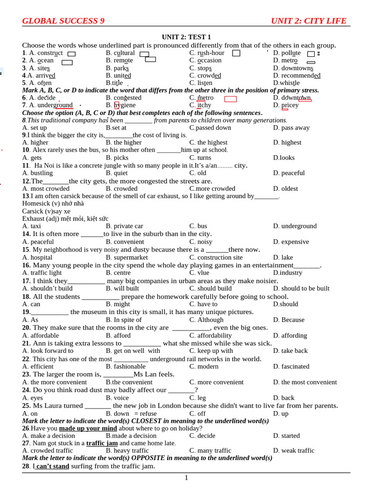 Bài Tập Bổ Trợ Global Success 9 Unit 2 (Practice Test) - Key | PDF ...