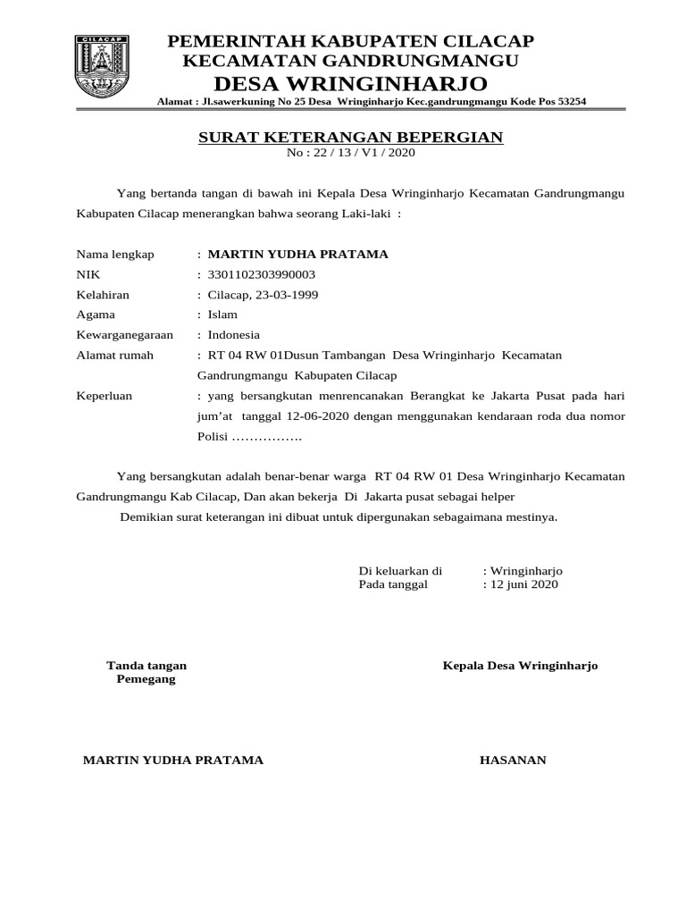 Surat Keterangan Bepergian Warga Cilacap | PDF