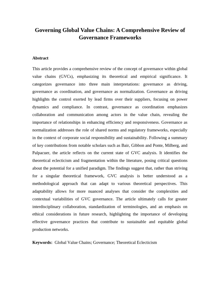 Governing Global Value Chains: A Comprehensive Review of Governance ...