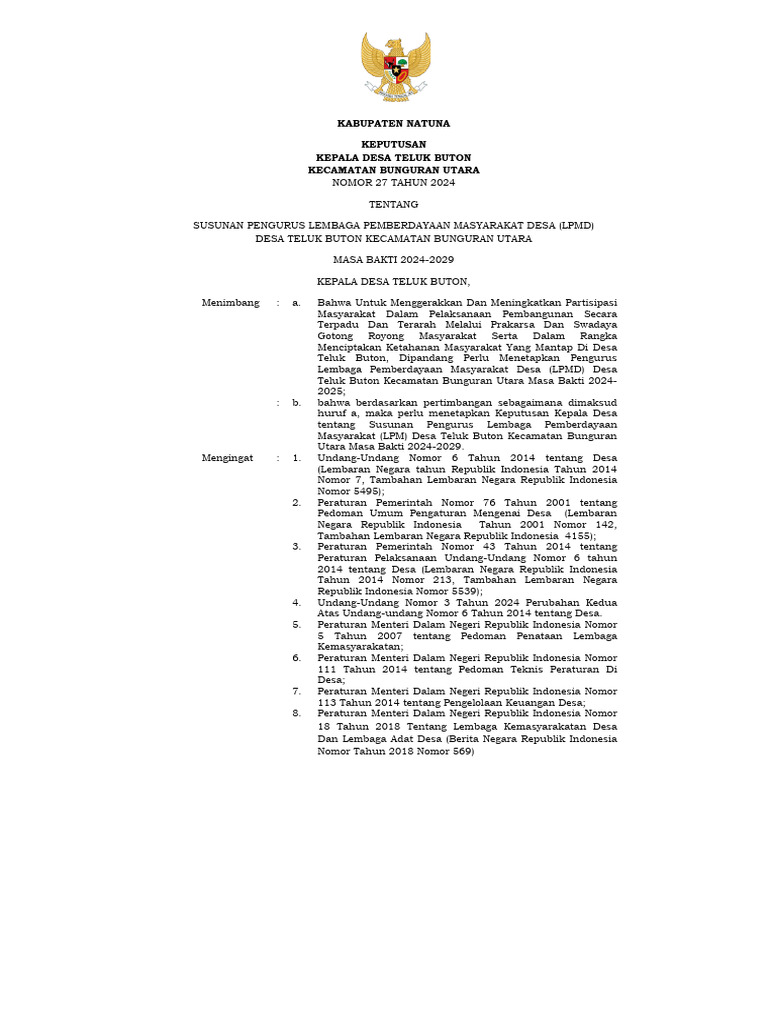 Susunan Pengurus LPMD Teluk Buton 2024-2029 | PDF