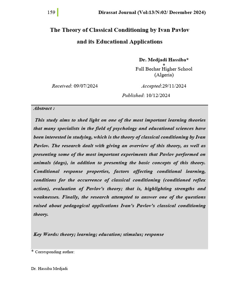The Theory of Classical Conditioning by Ivan Pavlov and Its Educational ...