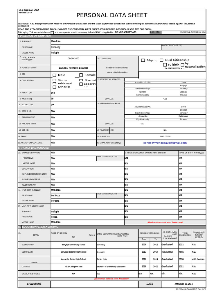 CS Form No. 212 Revised Personal Data Sheet | PDF | Government
