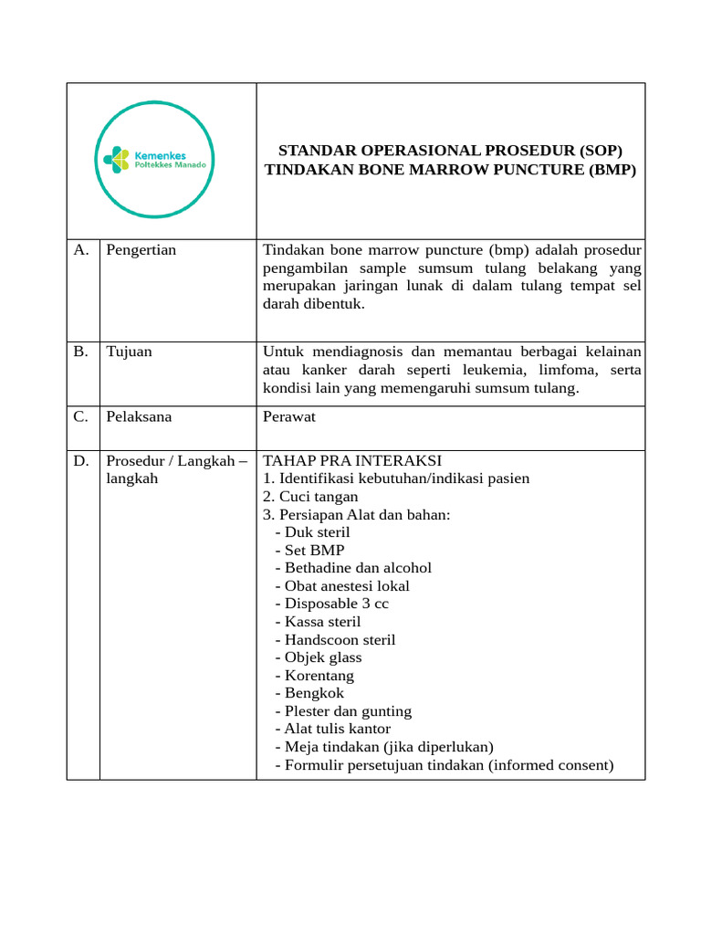 Sop Bone Marrow Puncture (Bmp) | PDF