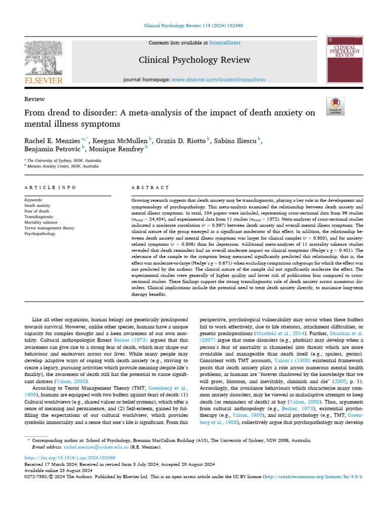 From Dread To Disorder - A Meta - Analysis of The Impact of Death ...