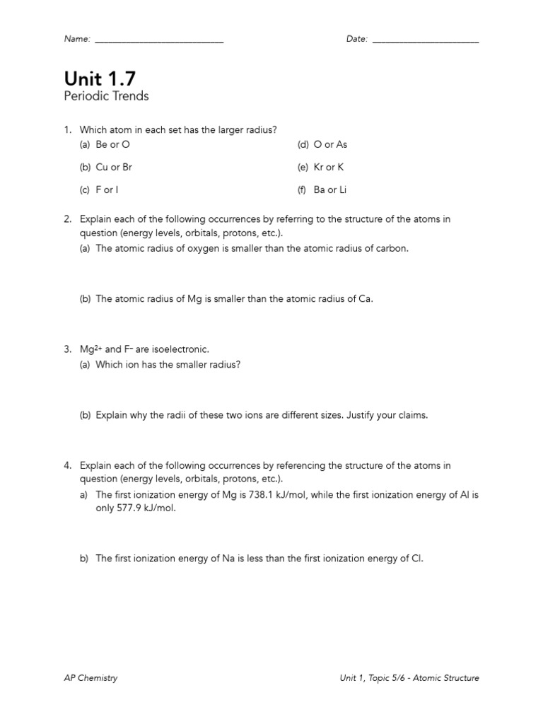 Unit 1 Topic 7 Periodic Trends | PDF