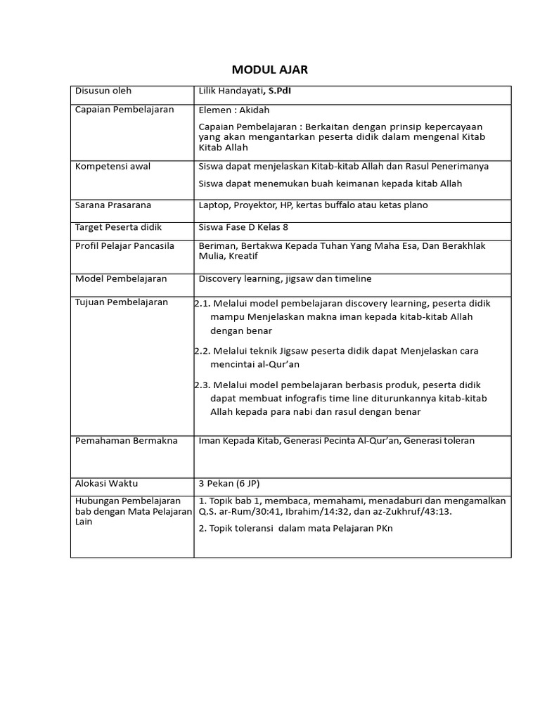 Modul AA KLS 8 Ajar Iman Kepada Kitab Allah | PDF